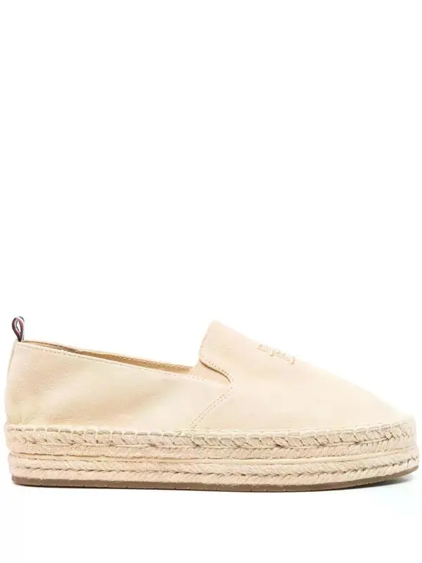 Tommy Hilfiger Beige Suede Embroidered Logo Flatform Espadrilles - Neutrals