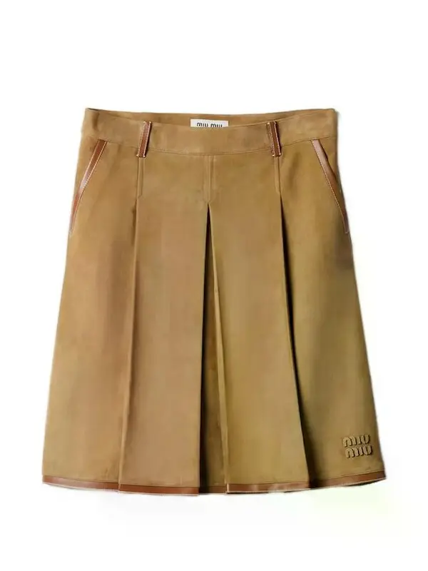 Miu Miu Pleated Suede Skirt With Leather Accents - Brown