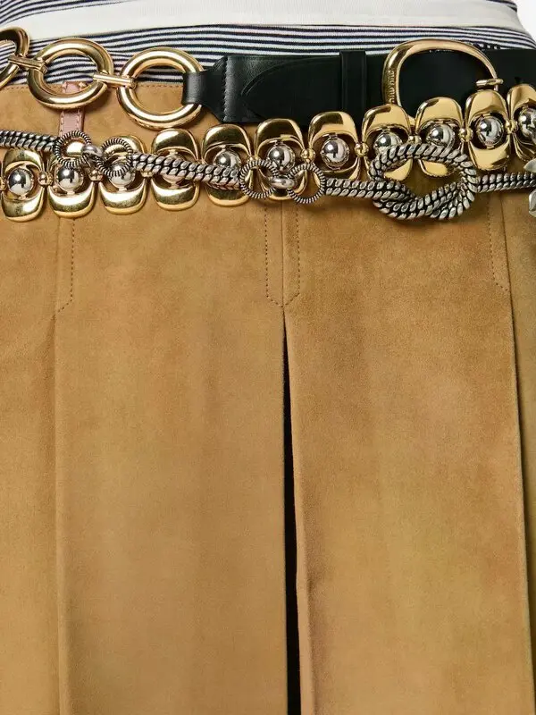 Miu Miu Pleated Suede Skirt With Leather Accents - Brown