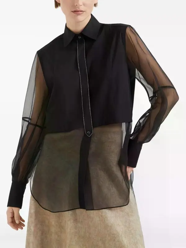 Brunello Cucinelli Monili Embellished Poplin Shirt With Transparent Panels