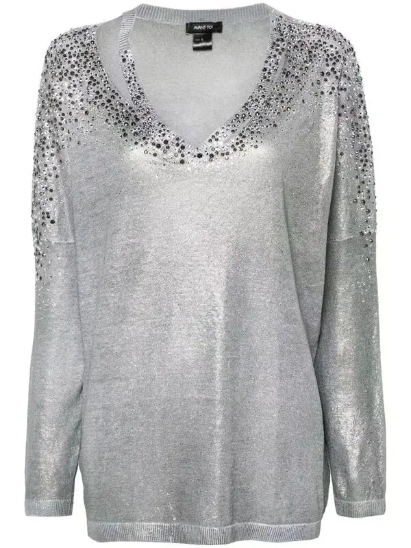 Avant Toi Crystal-embellished V-neck Jumper - Grey