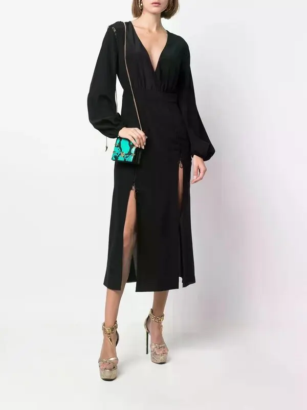 Roberto Cavalli Silk V-neck Midi Dress With Front Slits