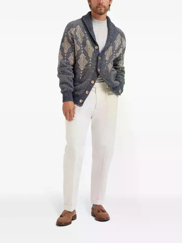 Brunello Cucinelli Intarsia Knit Shawl Collar Cardigan