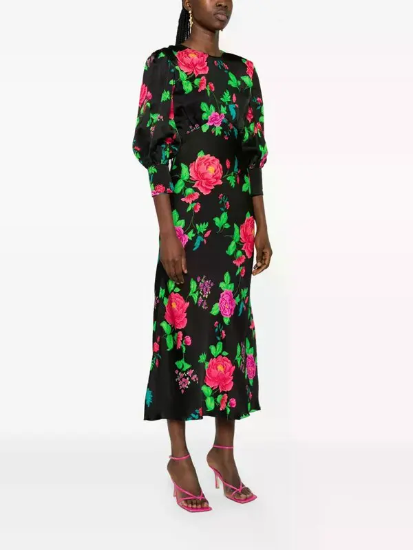 NISSA Printed Midi Dress With Puff Sleeves - Black
