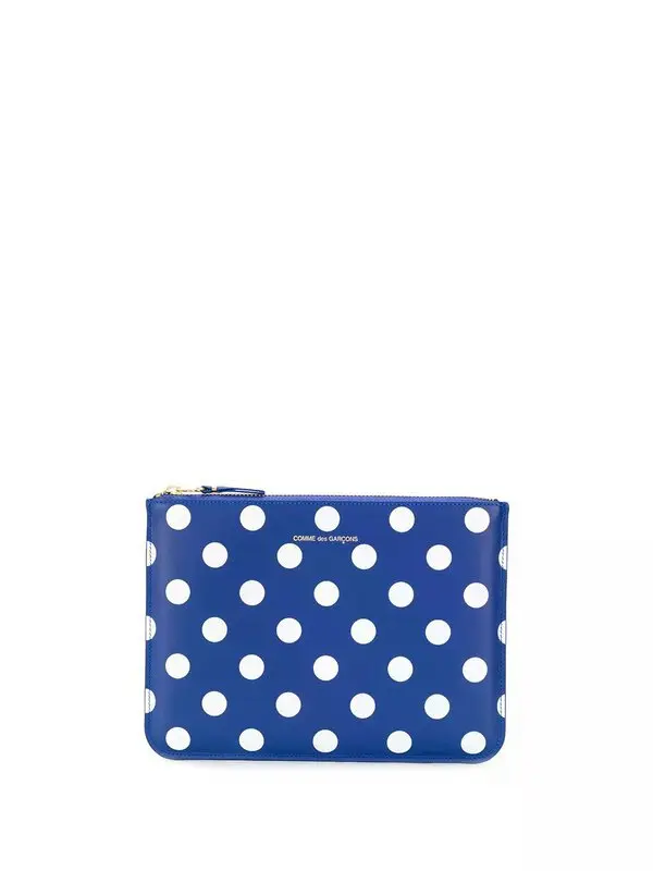 Comme Des Garçons Leather Zip Pouch With Polka Dot Print - Blue