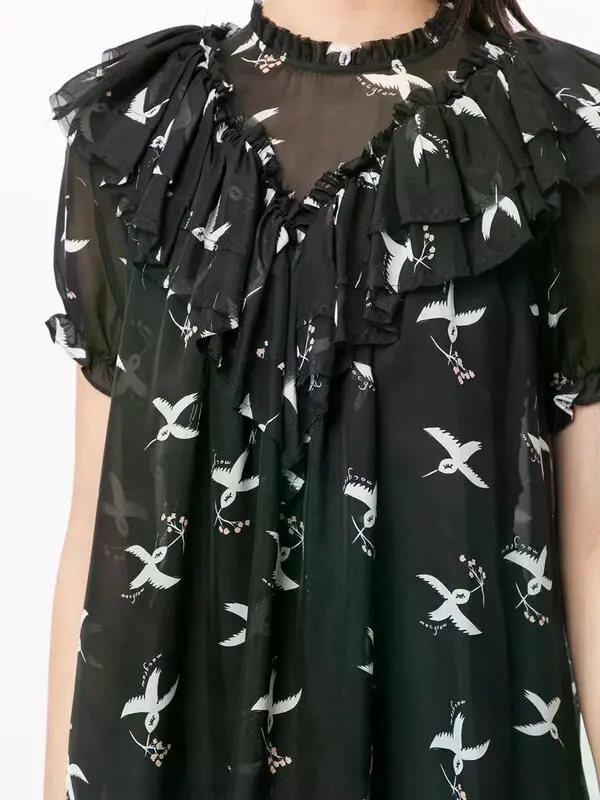 MACGRAW Migration Bird Print Silk Chiffon Blouse - Black