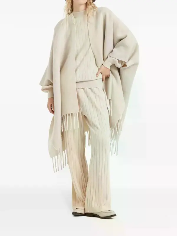 Brunello Cucinelli Double Knit Poncho With Fringe Detail - Neutrals