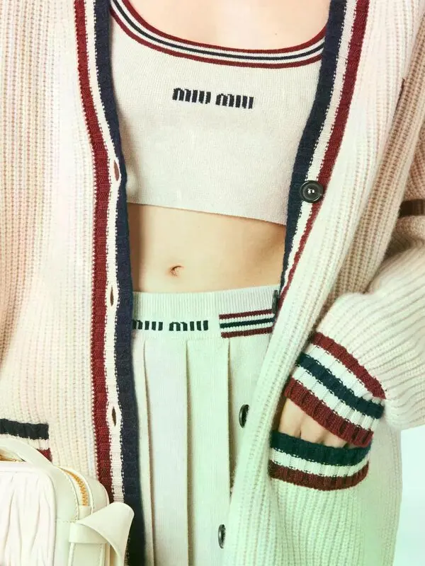 Miu Miu Stripe-detail V-neck Cashmere Cardigan - Neutrals