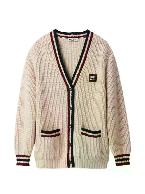 Miu Miu Stripe-detail V-neck Cashmere Cardigan - Neutrals