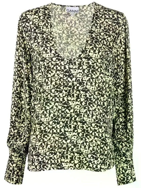 GANNI Abstract Print V-neck Blouse