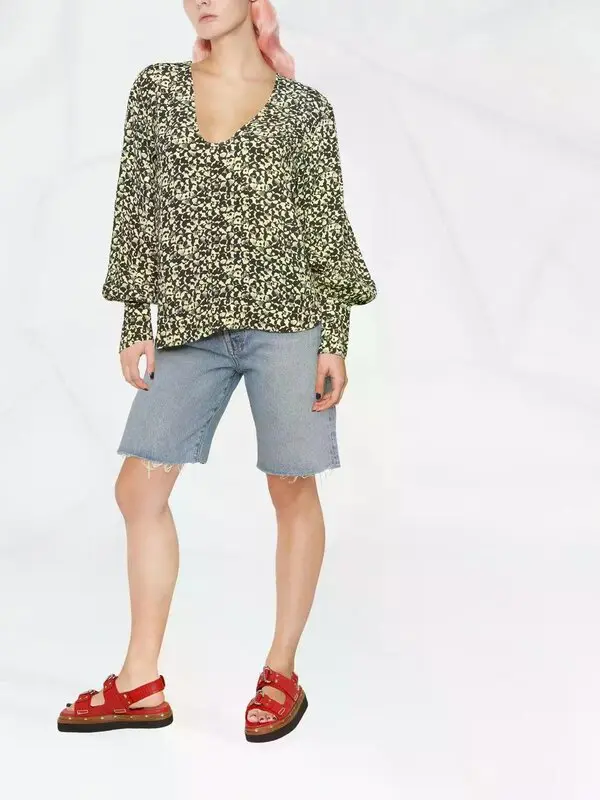 GANNI Abstract Print V-neck Blouse
