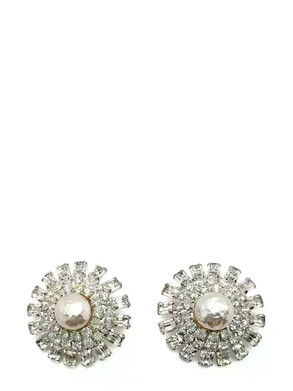 JENNIFER GIBSON JEWELLERY Vintage Baroque Pearl & Baguette Crystal Starburst Clip On Earrings - Silver