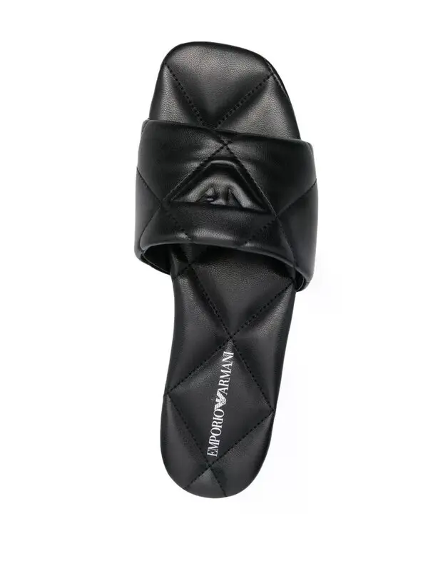 Emporio Armani Quilted Faux Leather Eagle Motif Slide Sandals - Black