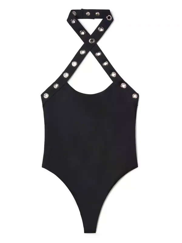 Off-White Eyelet-embellished Halterneck Swimsuit - Black