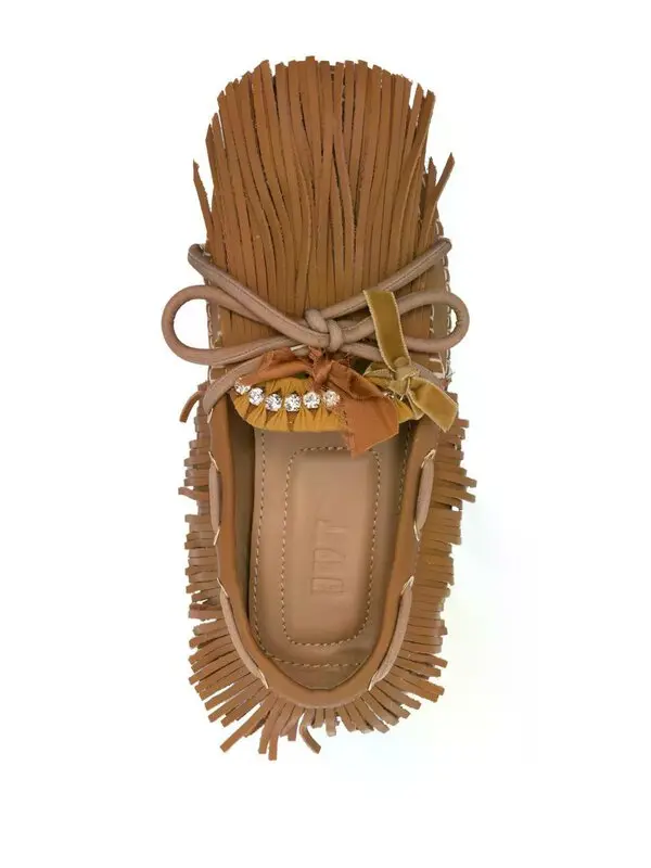 13 09 SR Fringed Leather Loafers With Crystal Embellishment - Brown