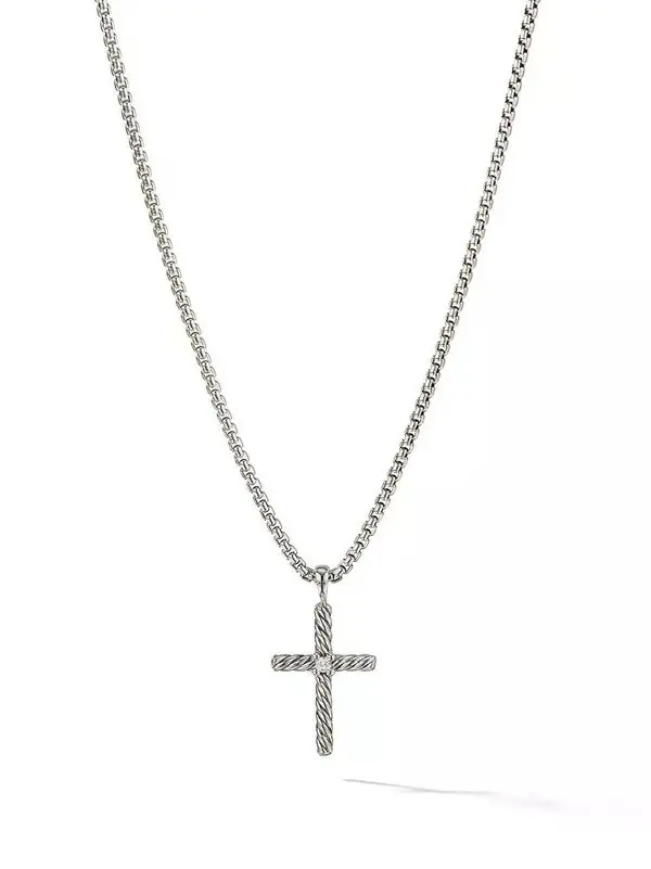 David Yurman Sterling Cable Classics Cross Diamond Necklace - Silver