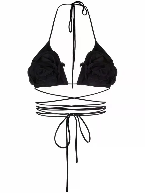Magda Butrym Floral Appliqué Triangle Cup Halterneck Bikini Top - Black