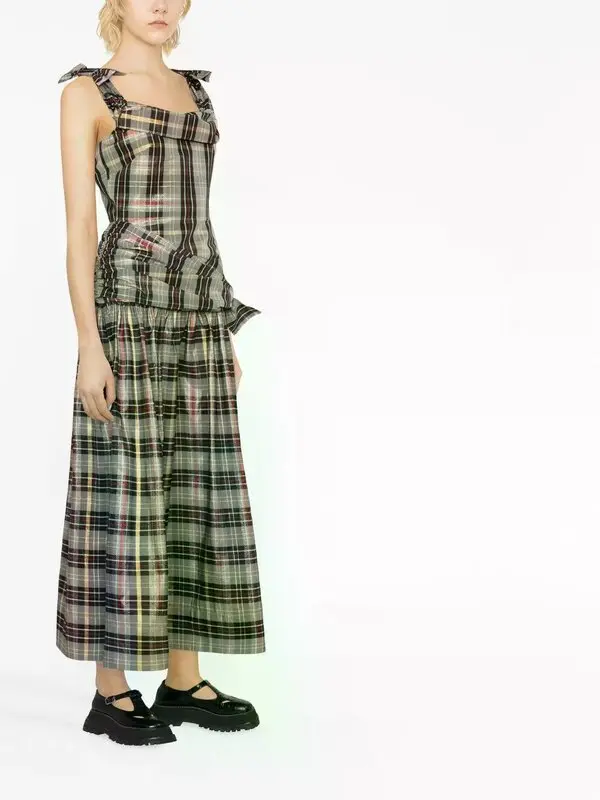 MOLLY GODDARD Tartan Check Maxi Dress With Bow Detail
