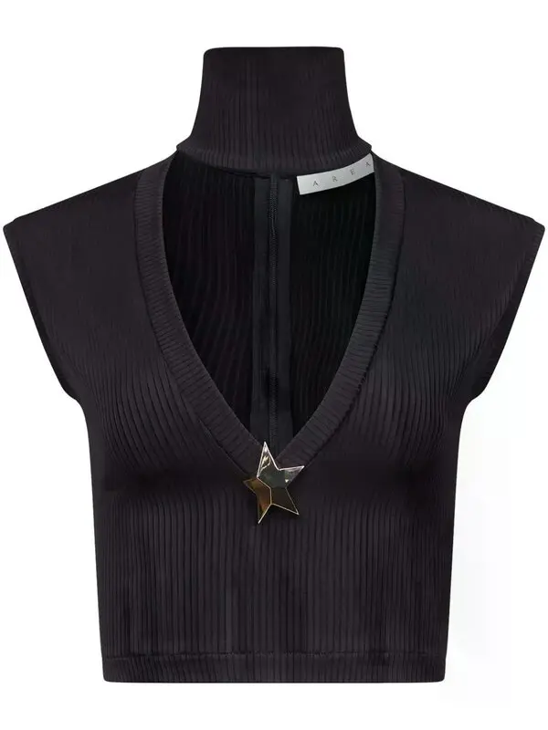 AREA Star-stud Rib-knit High Neck Crop Top