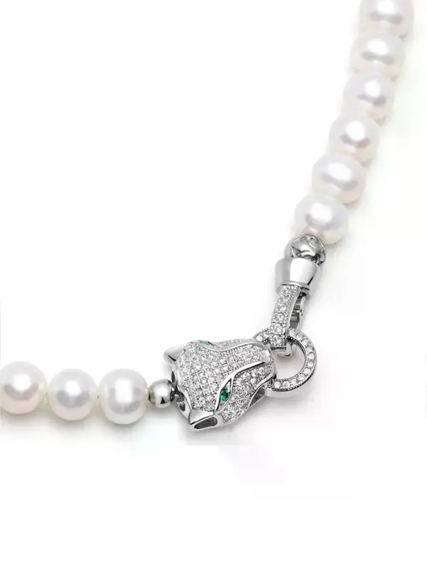 NIALAYA JEWELRY Panther Head Lock Pearl Necklace - Silver