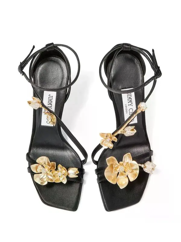 JIMMY CHOO Floral Appliqué Stiletto Sandals - Black