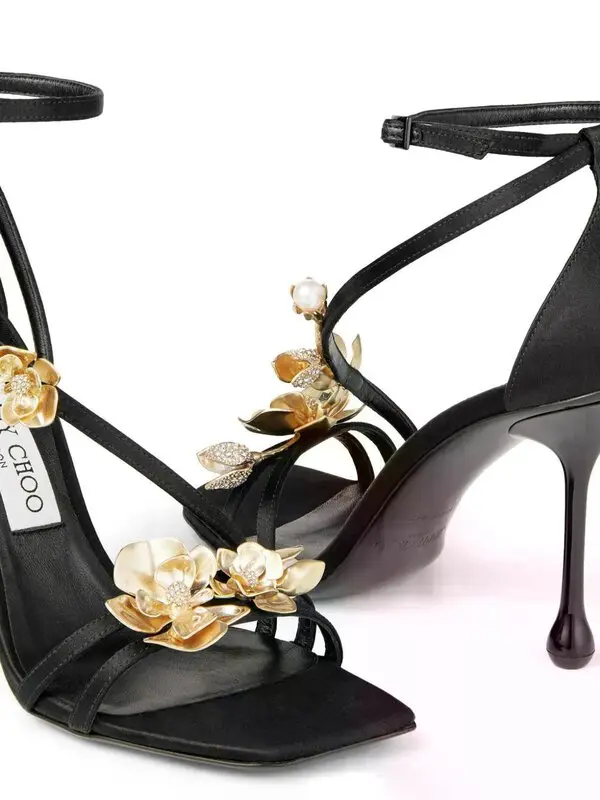 JIMMY CHOO Floral Appliqué Stiletto Sandals - Black