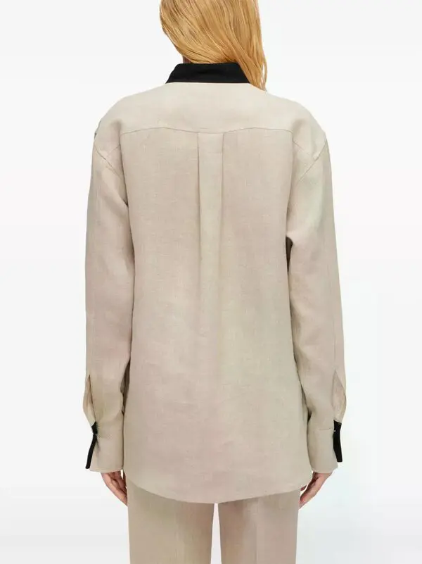 FERRAGAMO Embroidered Linen Band Collar Shirt - Neutrals