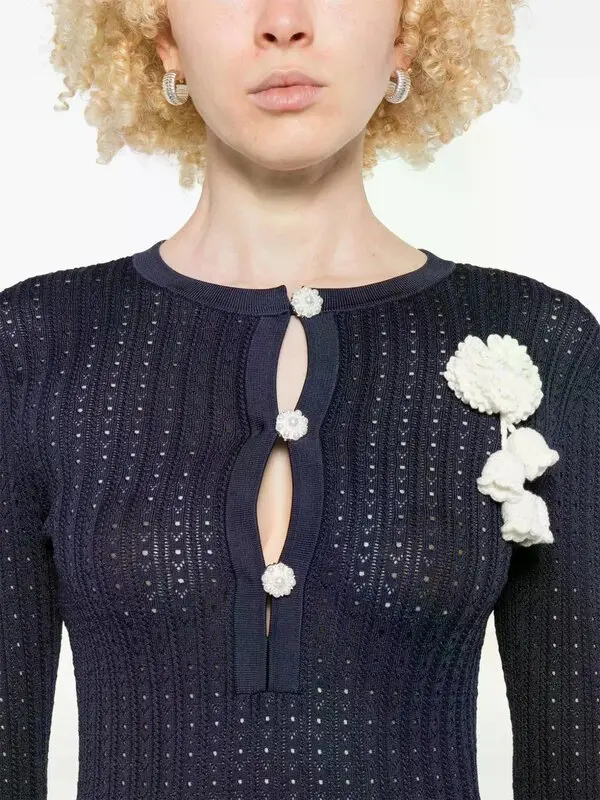 SELF-PORTRAIT Navy Crochet-knit Dress With Floral Appliqu