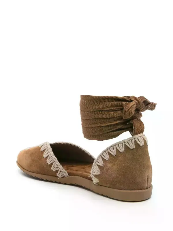 Mou Suede Ballet Flats With Whipstitch Trim And Lace-up Fastening - Brown