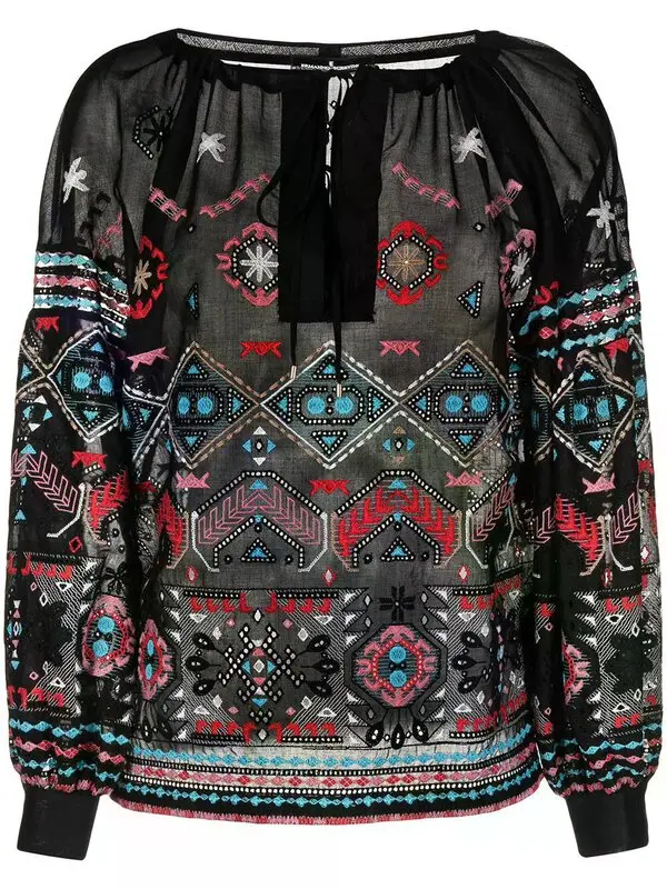Ermanno Scervino Embroidered Sheer Blouse With Front Tie - Black