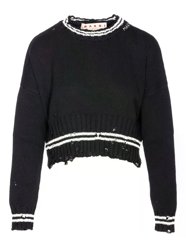 Marni Distressed Knit Jumper With Embroidered Logo - Black
