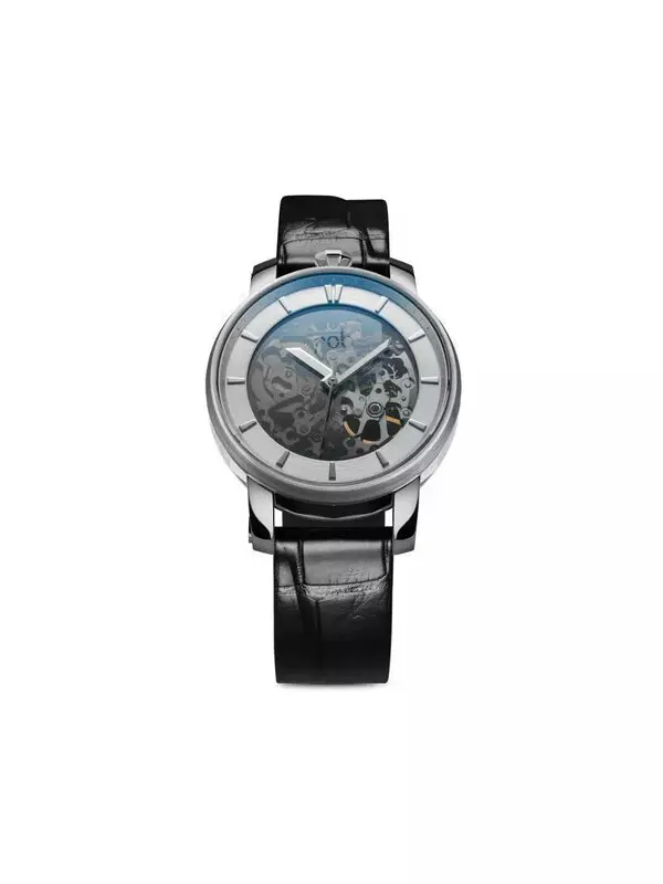FOB PARIS Skeleton Dial Leather Strap Watch - Silver