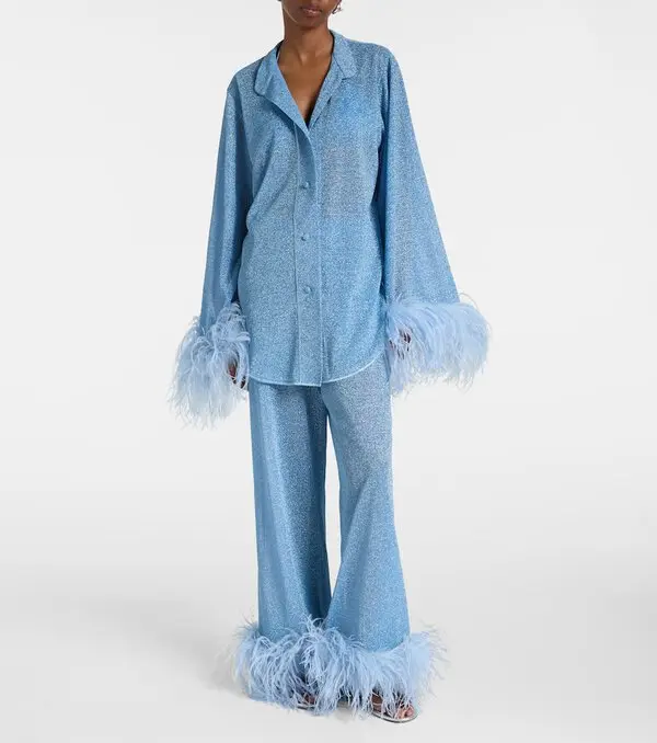 Oseree Lumiere Feather-trimmed Wide-leg Pants - Blue