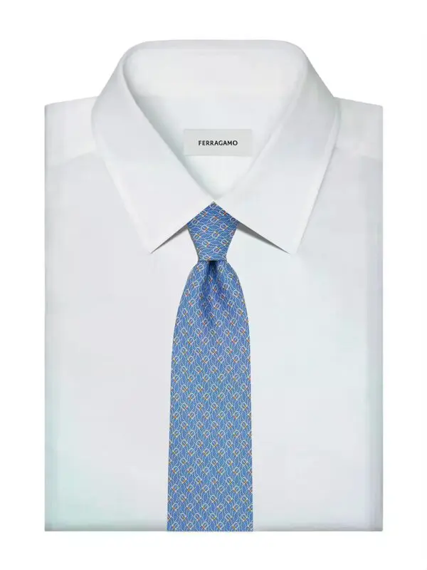 FERRAGAMO Silk Graphic Print Neck Tie - Blue