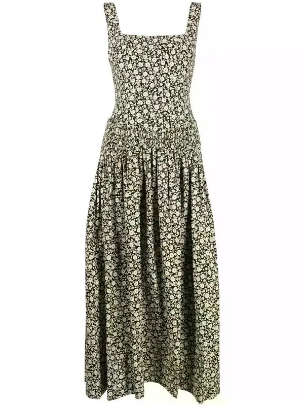 Tory Burch Floral Print Square Neck Sleeveless Flared Dress - Neutrals