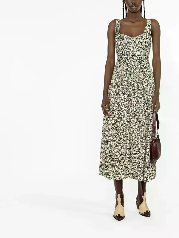 Tory Burch Floral Print Square Neck Sleeveless Flared Dress