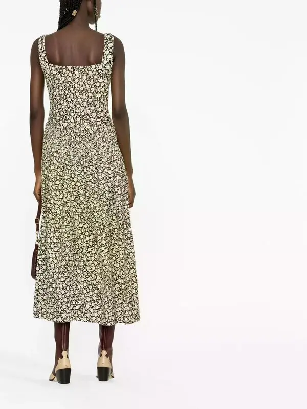 Tory Burch Floral Print Square Neck Sleeveless Flared Dress
