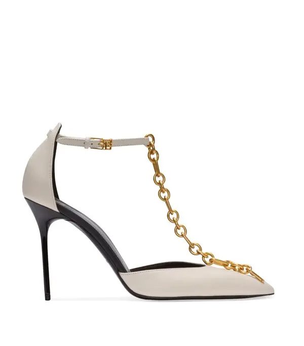 Balmain Leather Heeled Mules With Gold-tone Chain Detailing - Beige