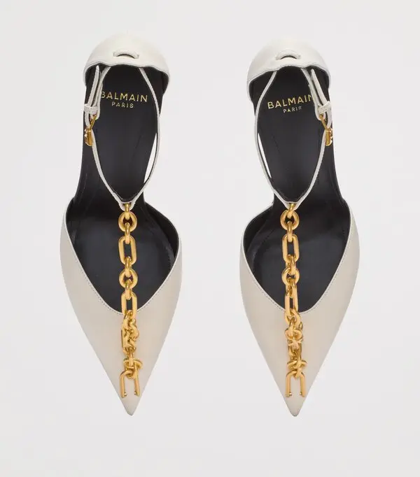 Balmain Leather Heeled Mules With Gold-tone Chain Detailing - Beige