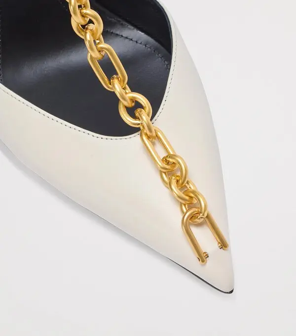 Balmain Leather Heeled Mules With Gold-tone Chain Detailing - Beige