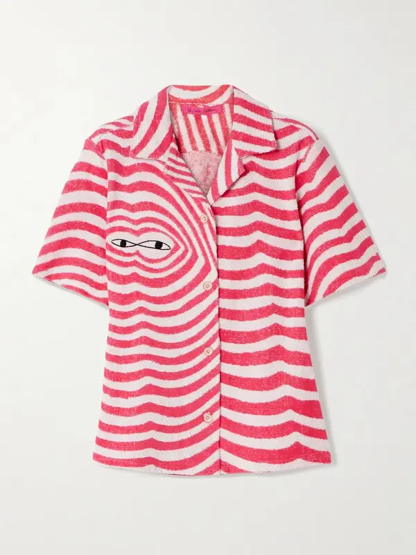 THE ELDER STATESMAN Embroidered Striped Cotton-terry Shirt - Red
