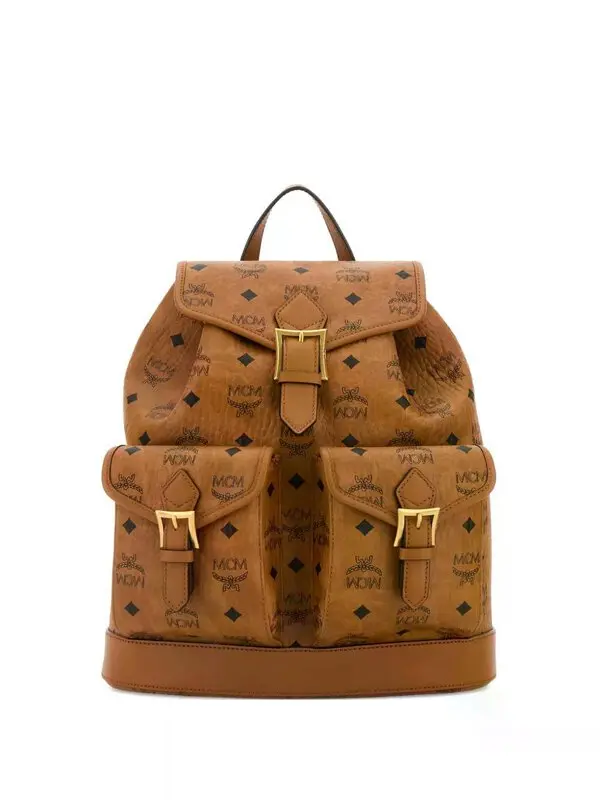 Mcm Small Aren Monogram-print Backpack With Buckle Detail - Neutrals