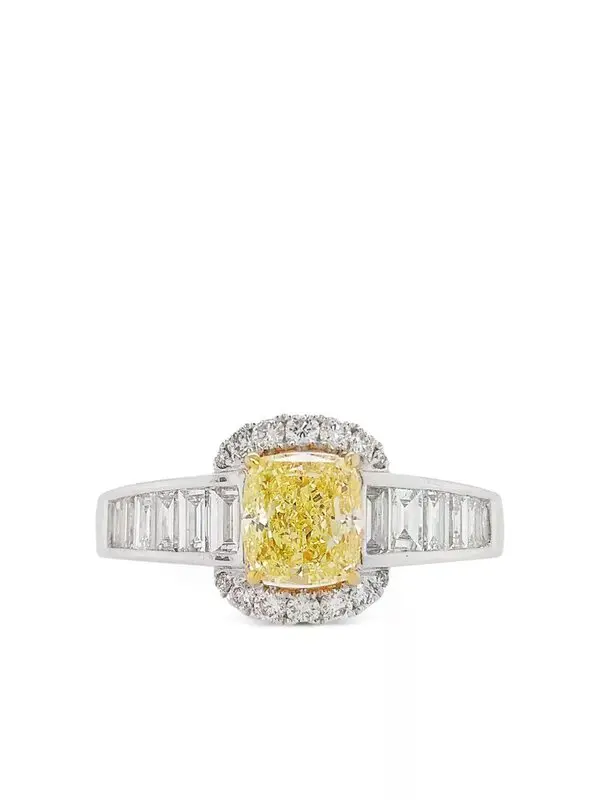 HYT JEWELRY Platinum Emerald And Yellow Diamond Ring With Pave And Baguette Diamonds - Silver