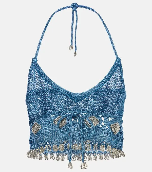 Rabanne Crochet Embellished Lame Crop Top - Blue