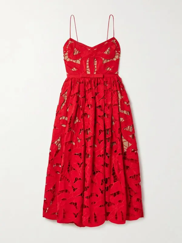 SELF-PORTRAIT Bow-detailed Cotton-guipure Lace Midi Dress