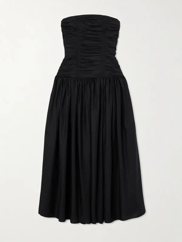 Matteau Strapless Ruched Organic Cotton-poplin Midi Dress - Black