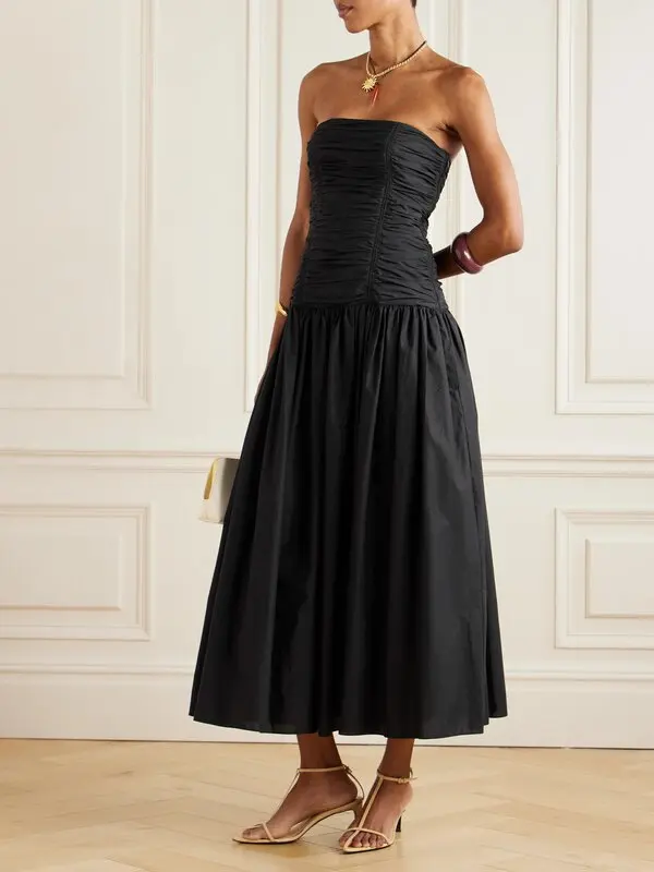Matteau Strapless Ruched Organic Cotton-poplin Midi Dress - Black