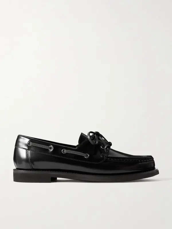 Brunello Cucinelli Embellished Polished-leather Boat Shoes - Black