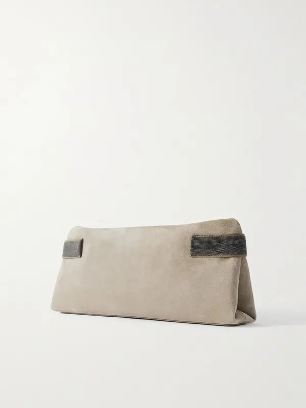 Brunello Cucinelli Beaded Suede Clutch - Gray