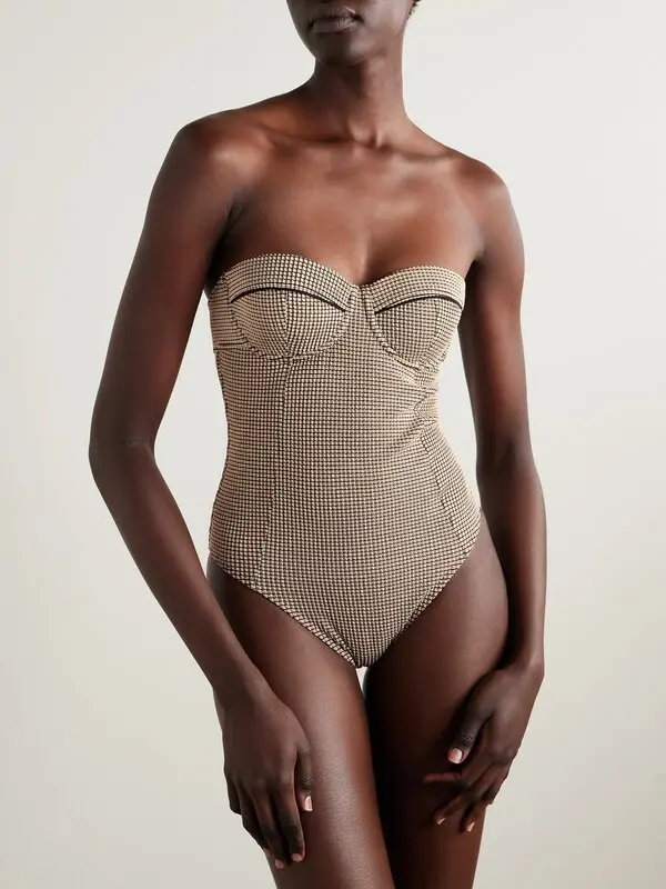 Staud Maeve Checked Piqué Underwired Swimsuit - Neutrals